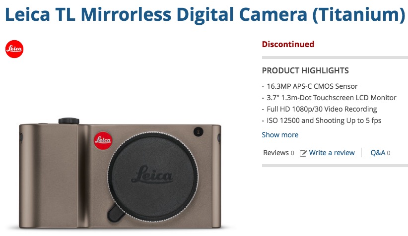 The Leica TL Titanium mirrorless camera is listed as discontinued at B ...