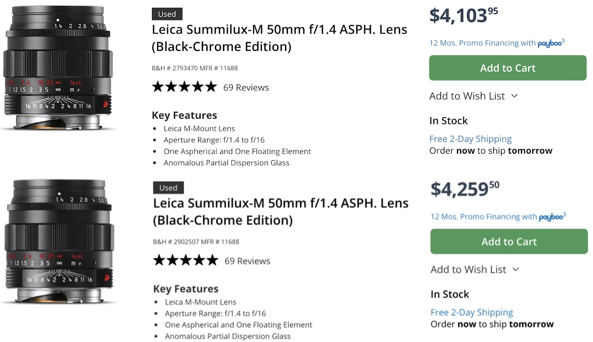 Leica Summilux-M 50mm f/1.4 ASPH black chrome finish lens listed as ...